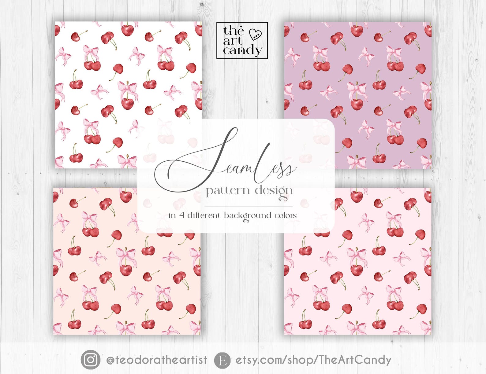 Coquette Cherry With Pink Bow Seamless Pattern Design | Hand Painted ...