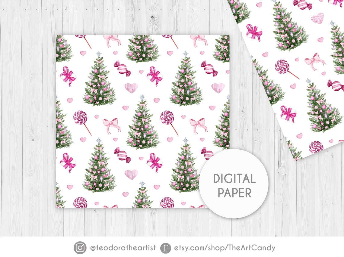 Pink Christmas Tree Digital Paper Watercolor Art Girly - Etsy