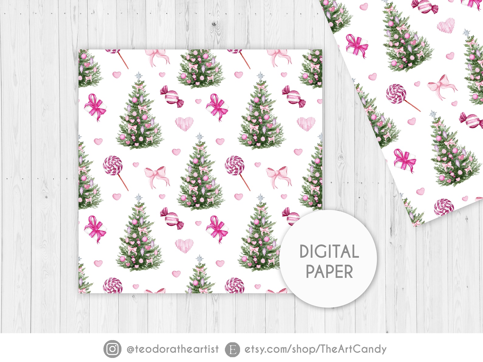 Pink Christmas Tree Digital Paper Watercolor Art Girly - Etsy