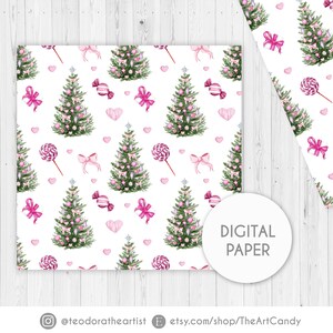 Pink Christmas Tree Digital Paper Watercolor Art | Girly Christmas ...