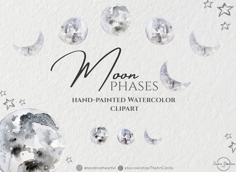 Watercolor Moon Phases PNG | Hand Painted Clipart | Astronomy Art ...