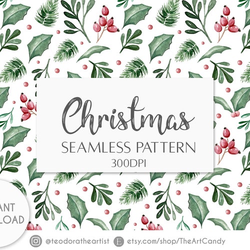 Christmas Digital Paper Watercolor Art Holly Mistletoe - Etsy