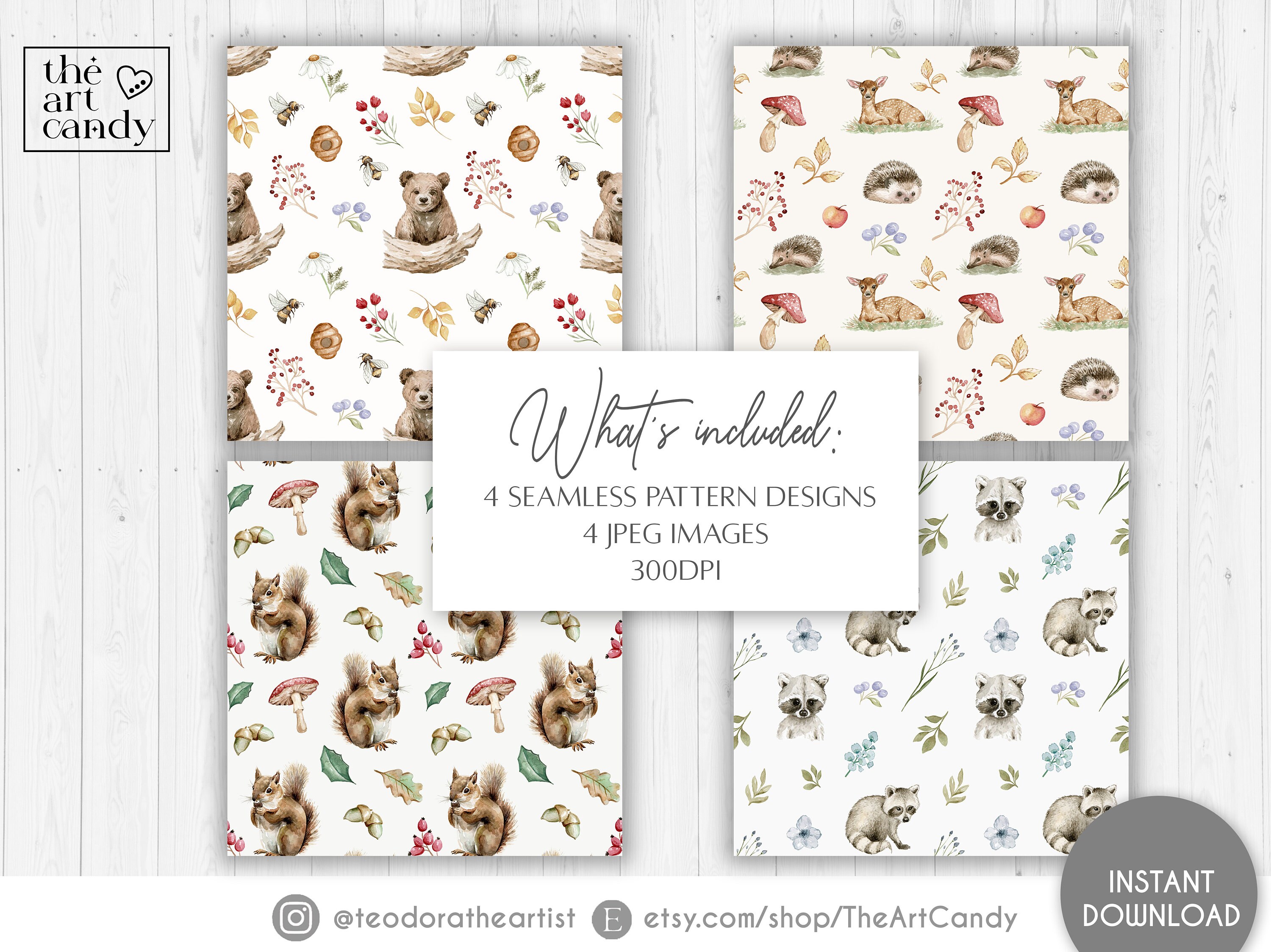 Woodland Animals Digital Paper Watercolor Art Forest Seamless Pattern ...
