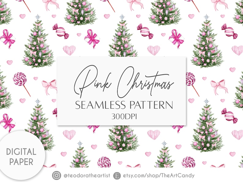 Pink Christmas Tree Digital Paper Watercolor Art Girly - Etsy