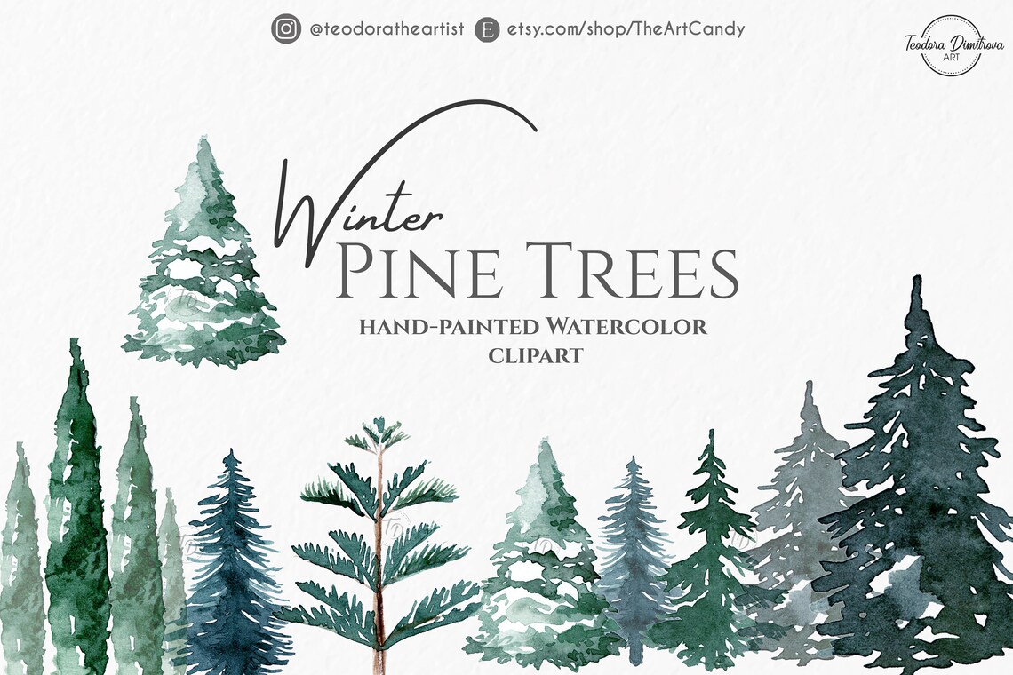 Winter Trees Watercolor Clipart Christmas Clipart PNG PINE - Etsy