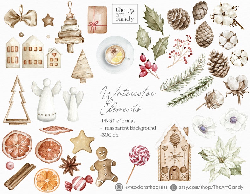 Boho Christmas PNG Watercolor Clipart Set Christmas Tree - Etsy