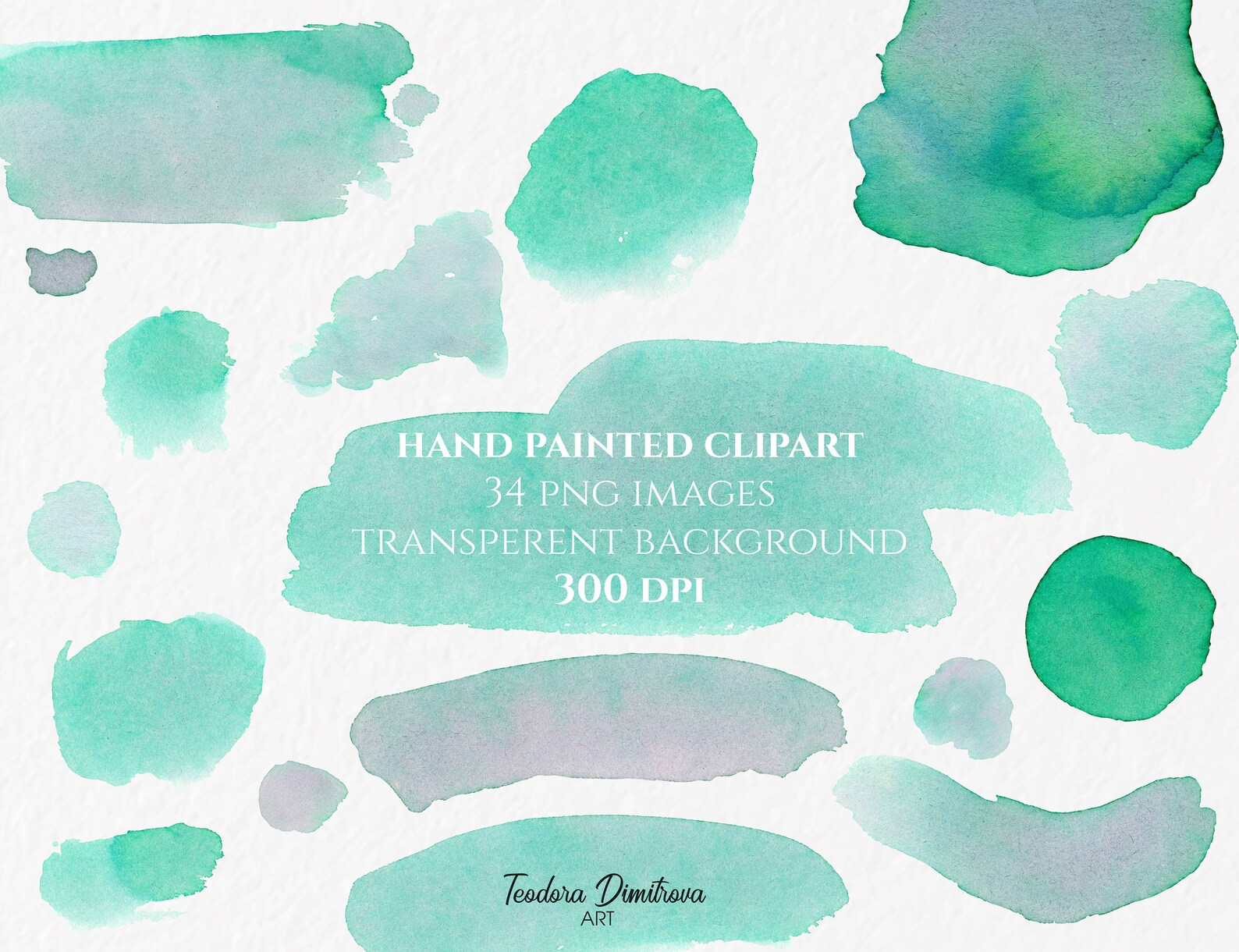 Turquoise Watercolor Brush Stroke and Splashes Clipart PNG Hand Painted ...