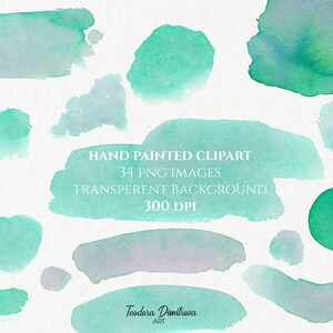 Turquoise Watercolor Brush Stroke and Splashes Clipart PNG Hand Painted ...