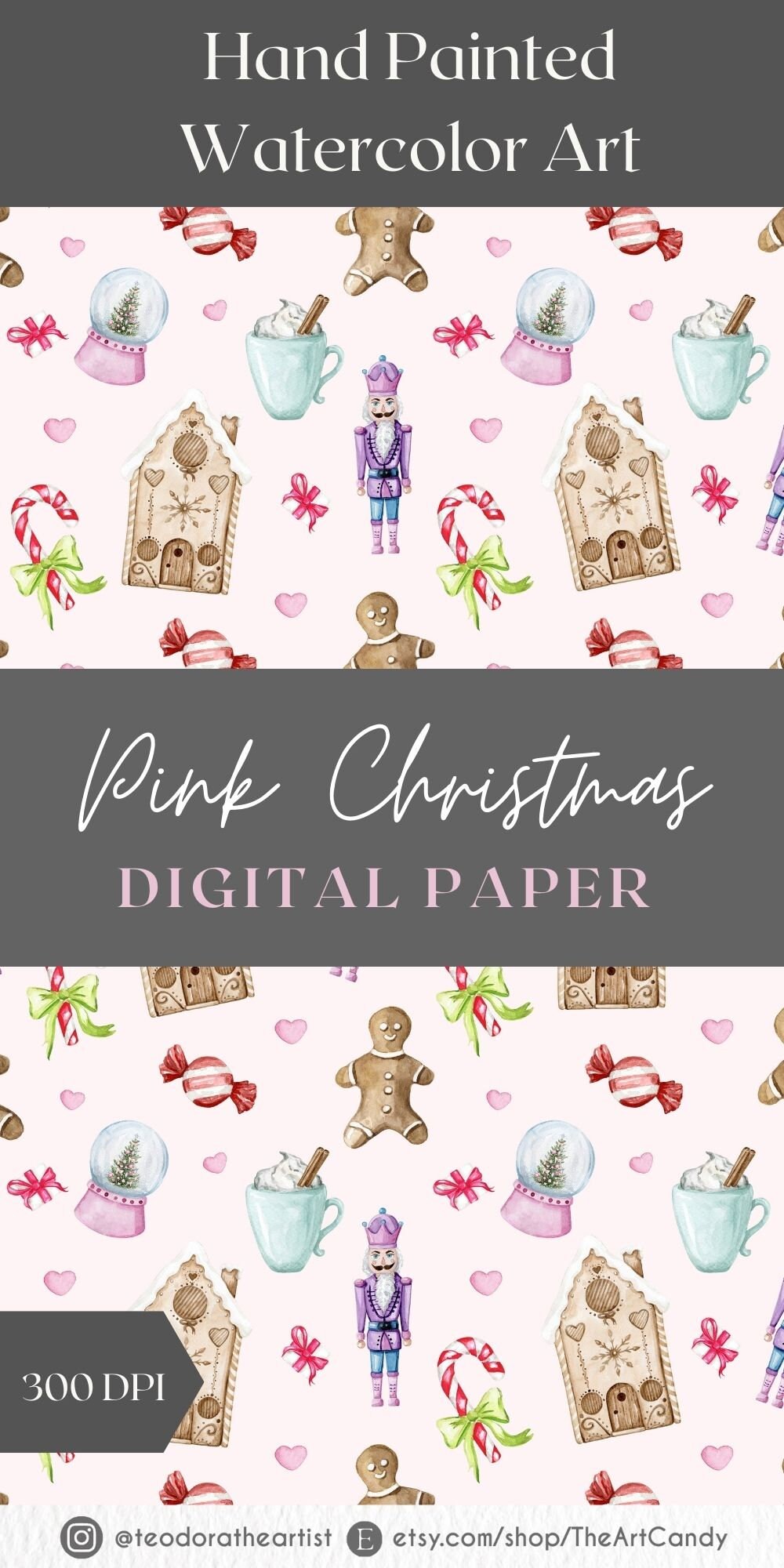 Pink Christmas Digital Paper - Gingerbread House, Nutcracker, Candy ...