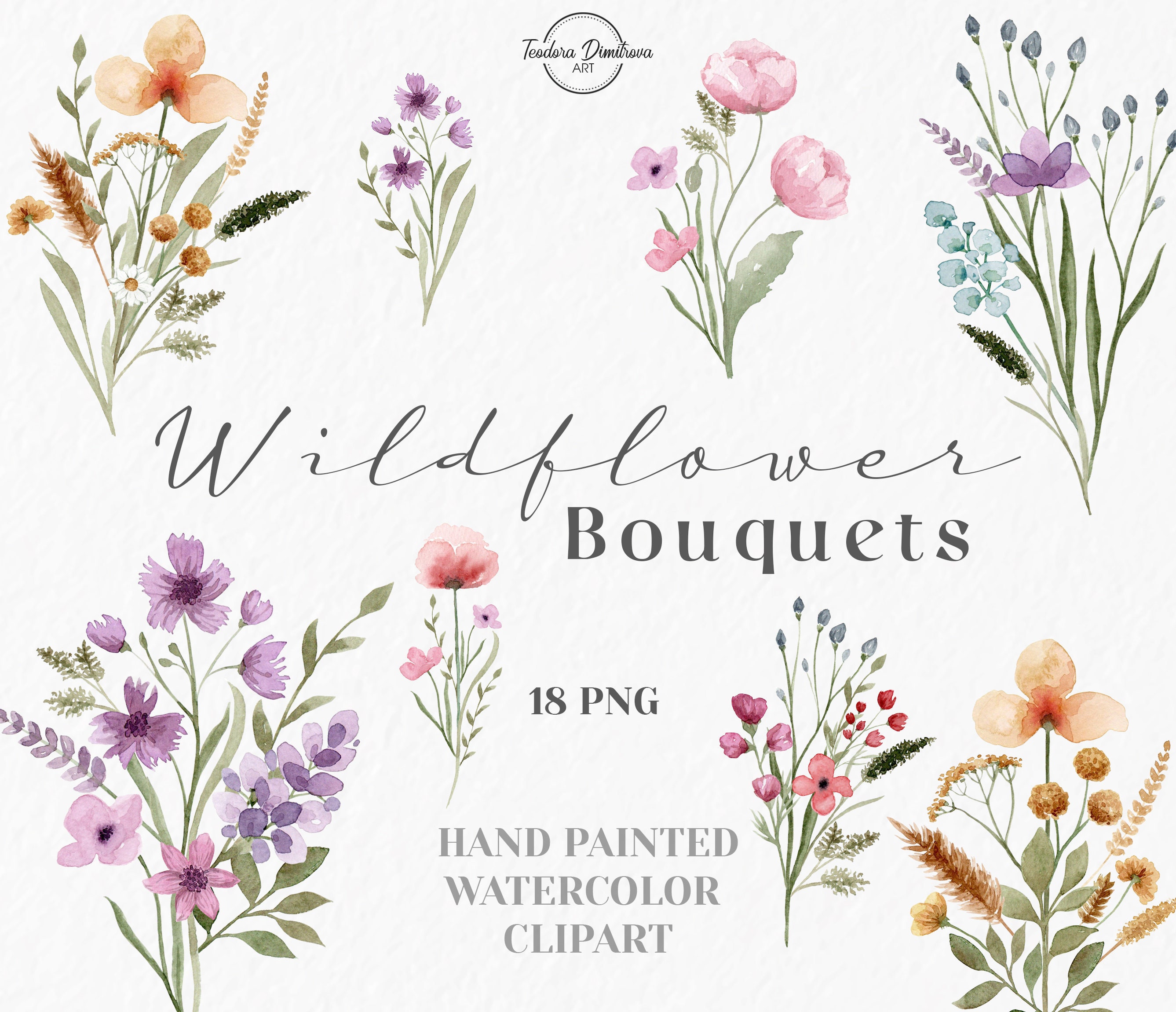 Watercolor Wildflower Bouquets Clipart PNG | Hand Painted Floral ...