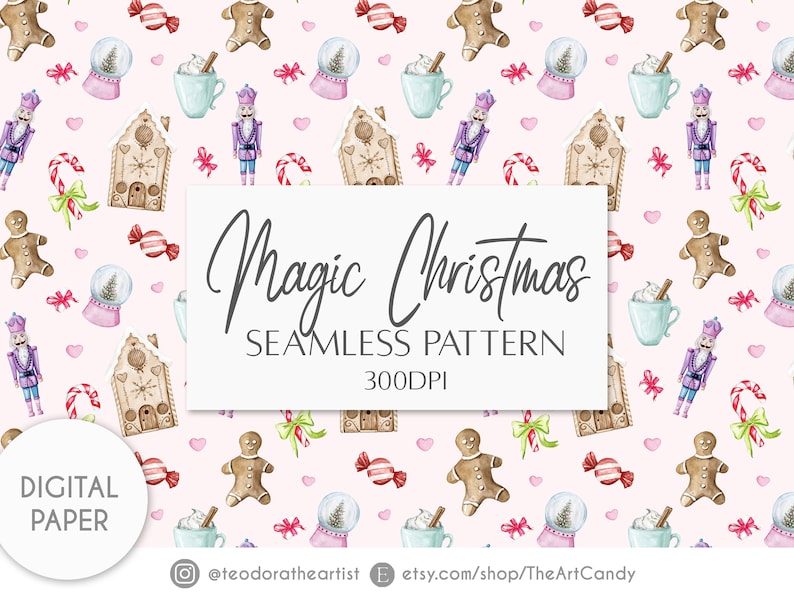 Pink Christmas Digital Paper - Gingerbread House, Nutcracker, Candy ...
