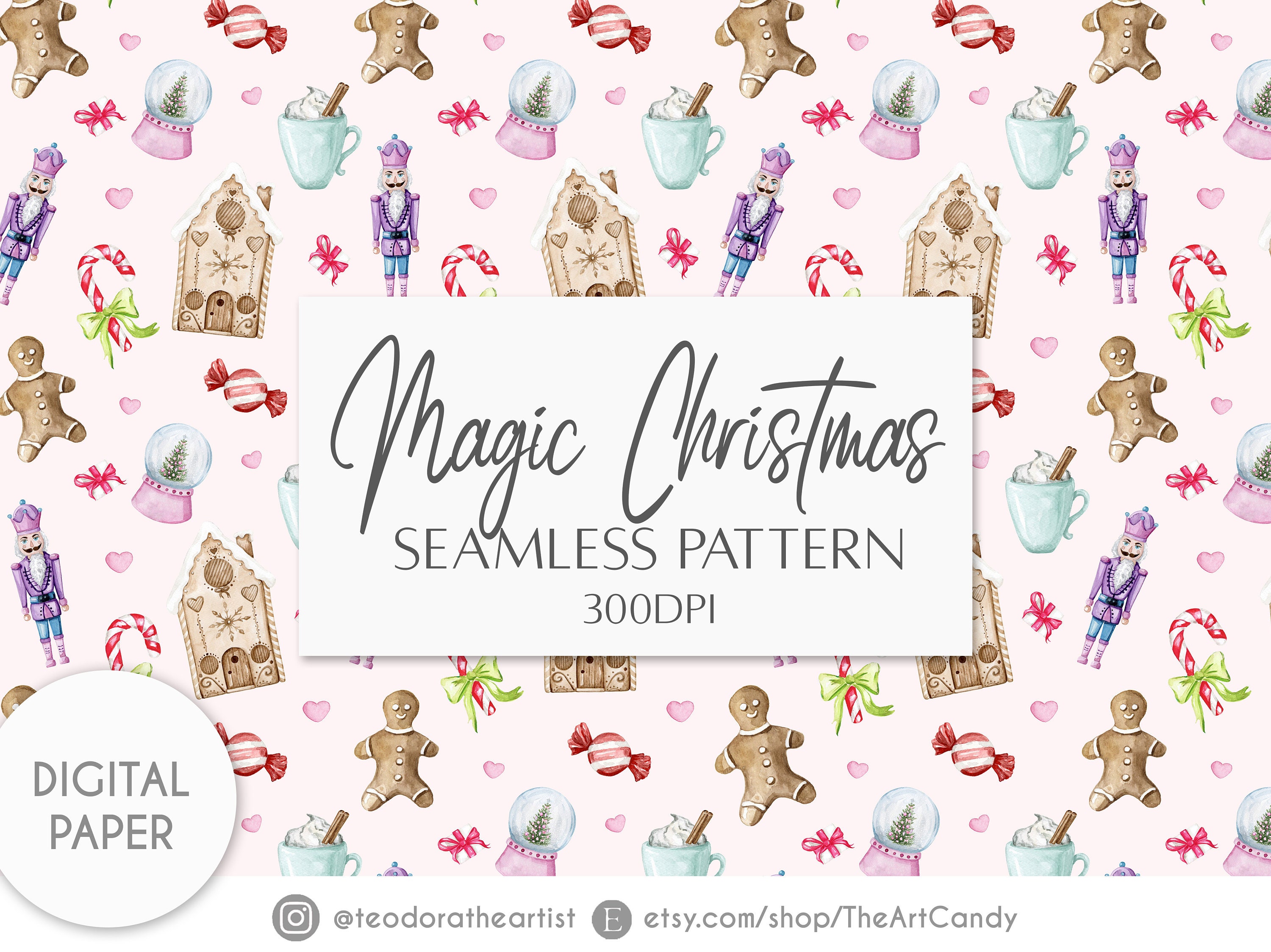 Pink Christmas Digital Paper - Gingerbread House, Nutcracker, Candy ...