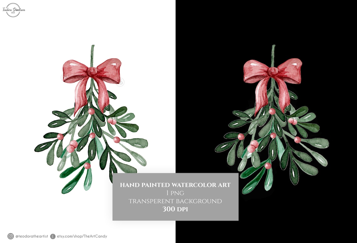 Christmas Mistletoe Watercolor Clipart PNG Hand Painted - Etsy