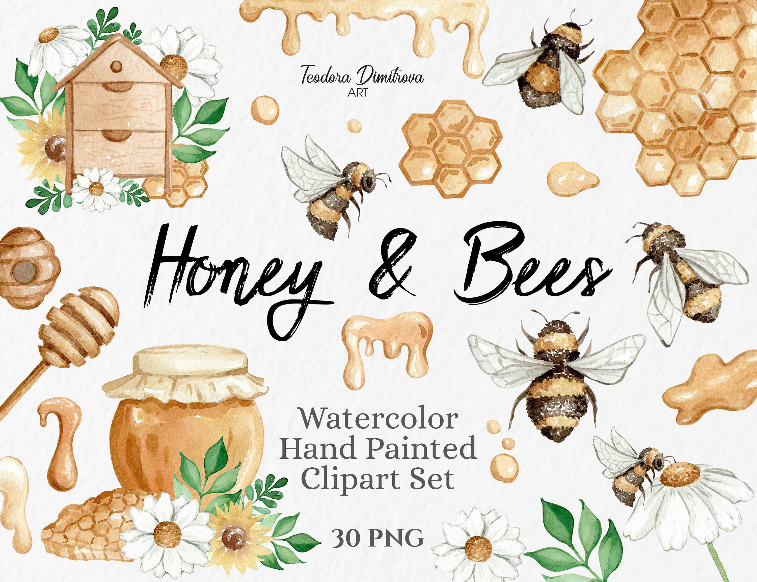 Watercolor Honey Bee Clipart PNG Hand Painted Watercolor - Etsy