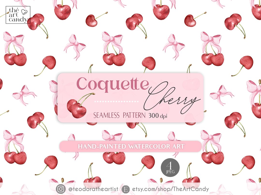 Coquette Cherry With Pink Bow Seamless Pattern Design | Hand Painted ...