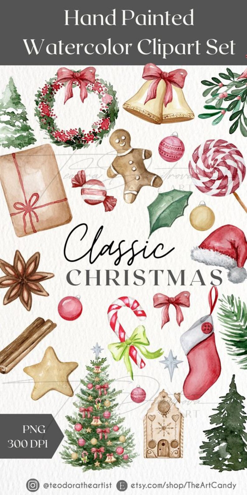 Classic Christmas PNG Watercolor Clipart Vintage Christmas - Etsy