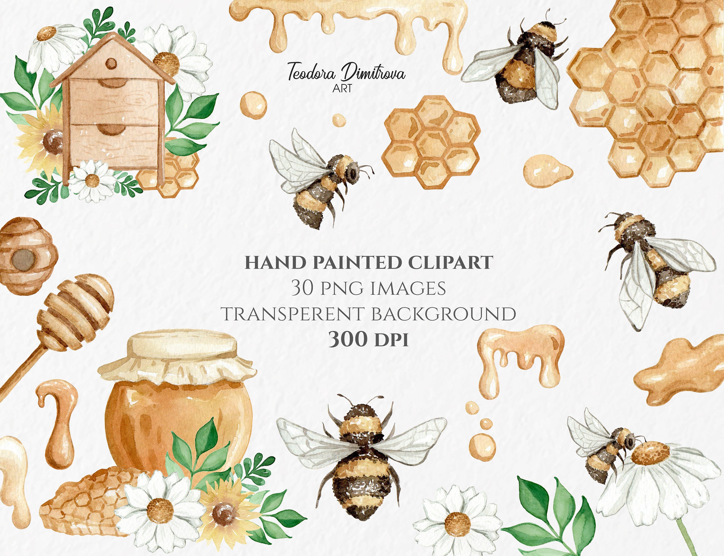 Watercolor Honey Bee Clipart PNG Hand Painted Watercolor - Etsy