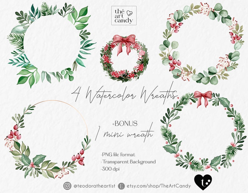 Watercolor Christmas Wreath Clipart PNG | Hand Painted Holiday Wreaths ...