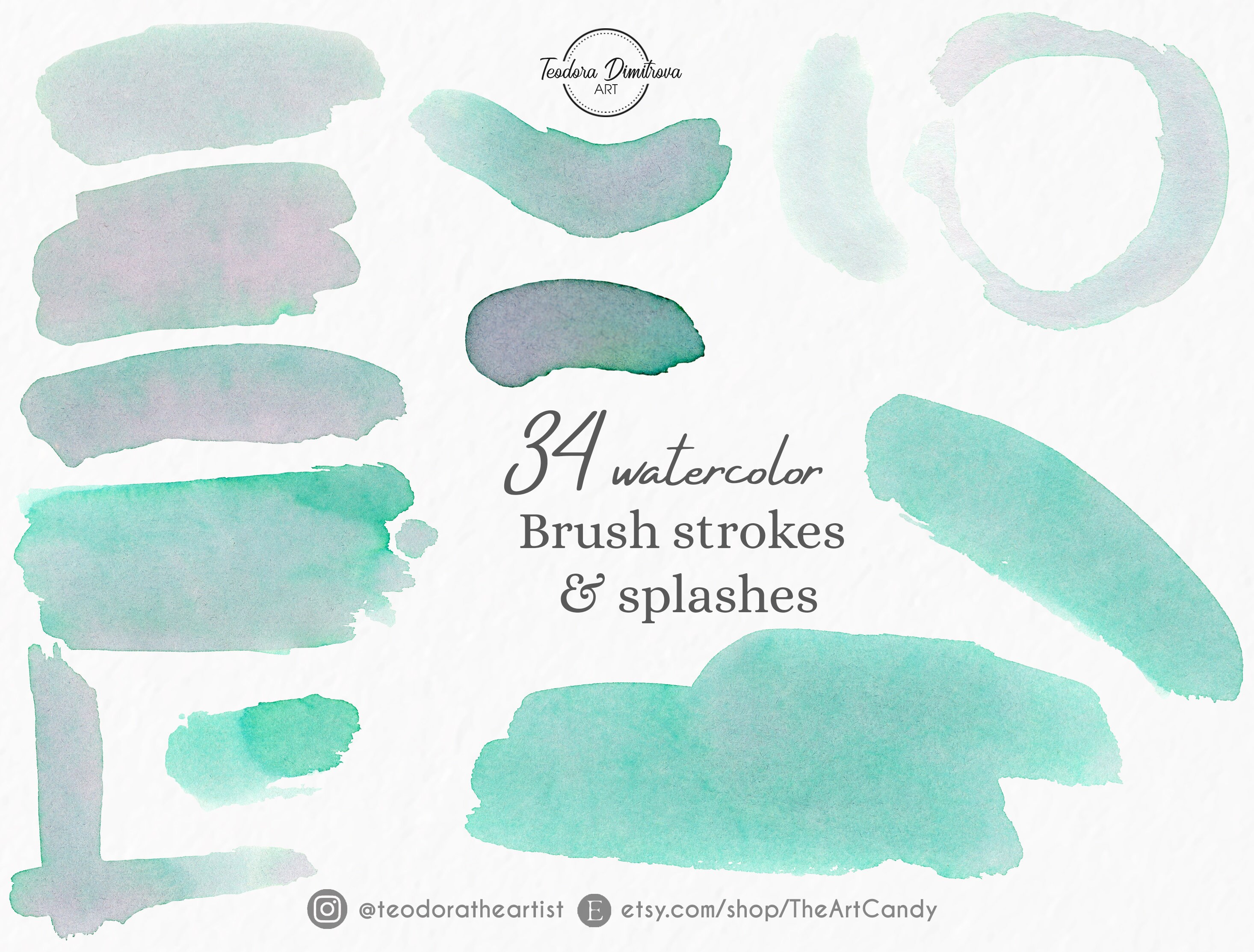 Turquoise Watercolor Brush Stroke and Splashes Clipart PNG Hand Painted ...