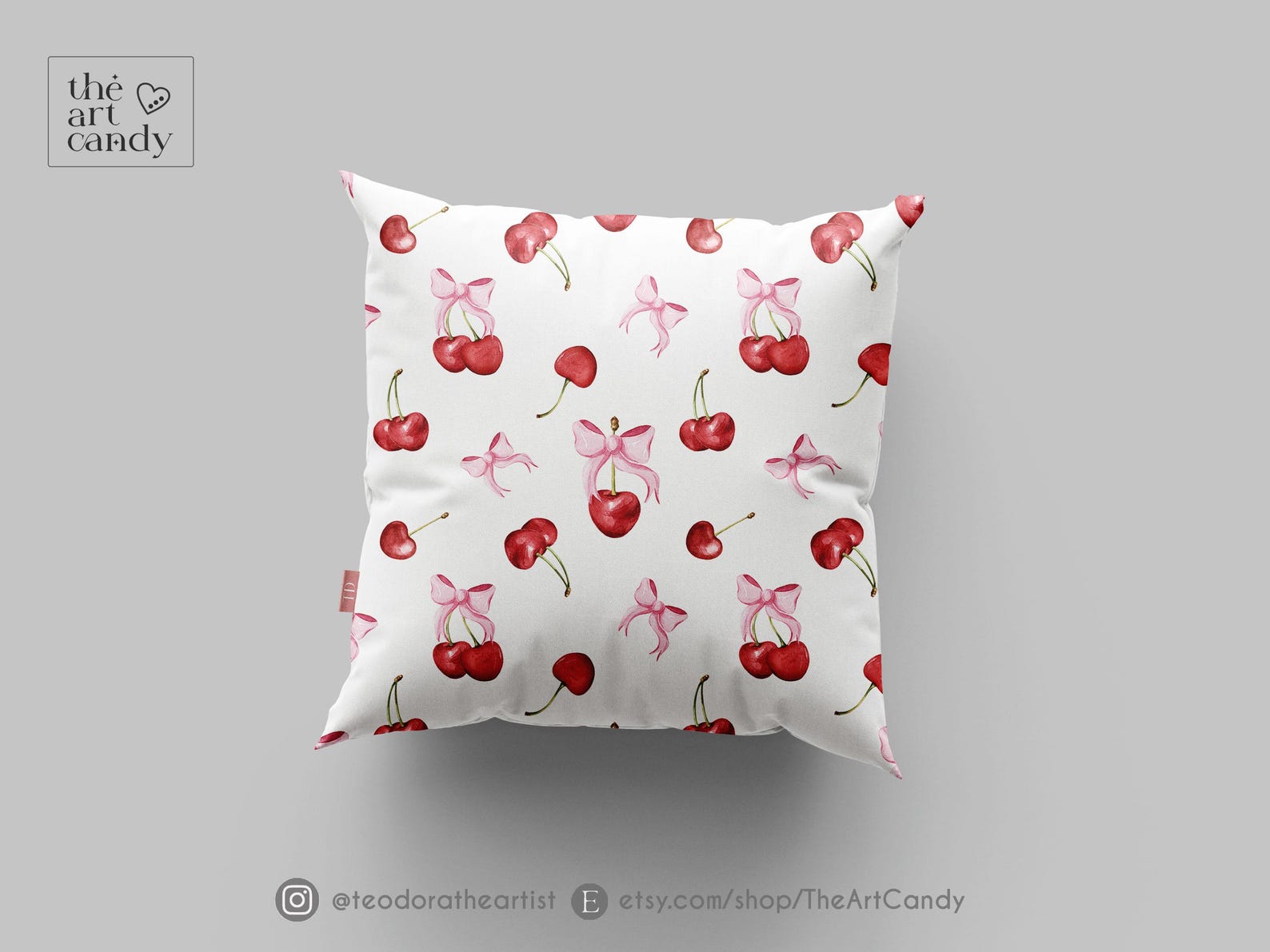 Coquette Cherry With Pink Bow Seamless Pattern Design | Hand Painted ...