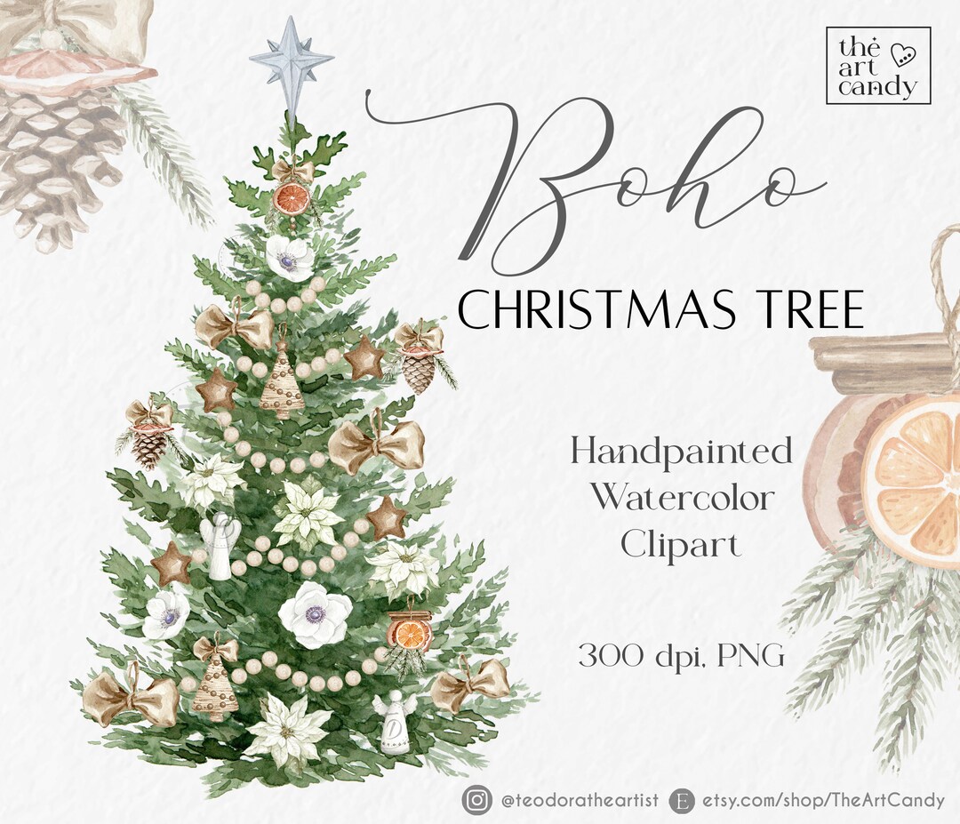 Boho Christmas Tree Watercolor Clipart PNG | Hand Painted Rustic ...