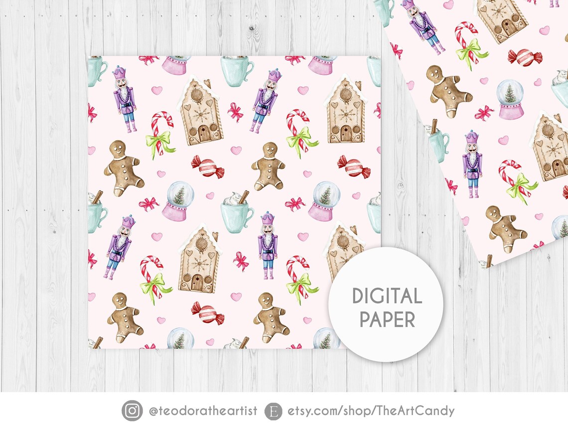 Pink Christmas Digital Paper - Gingerbread House, Nutcracker, Candy ...