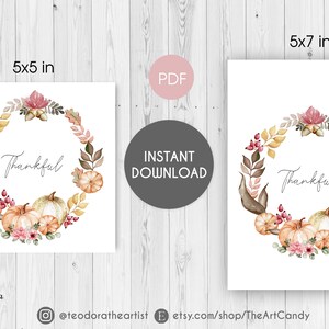Thanksgiving Printable Cards | Autumn Wreath and Pumpkins Watercolor ...