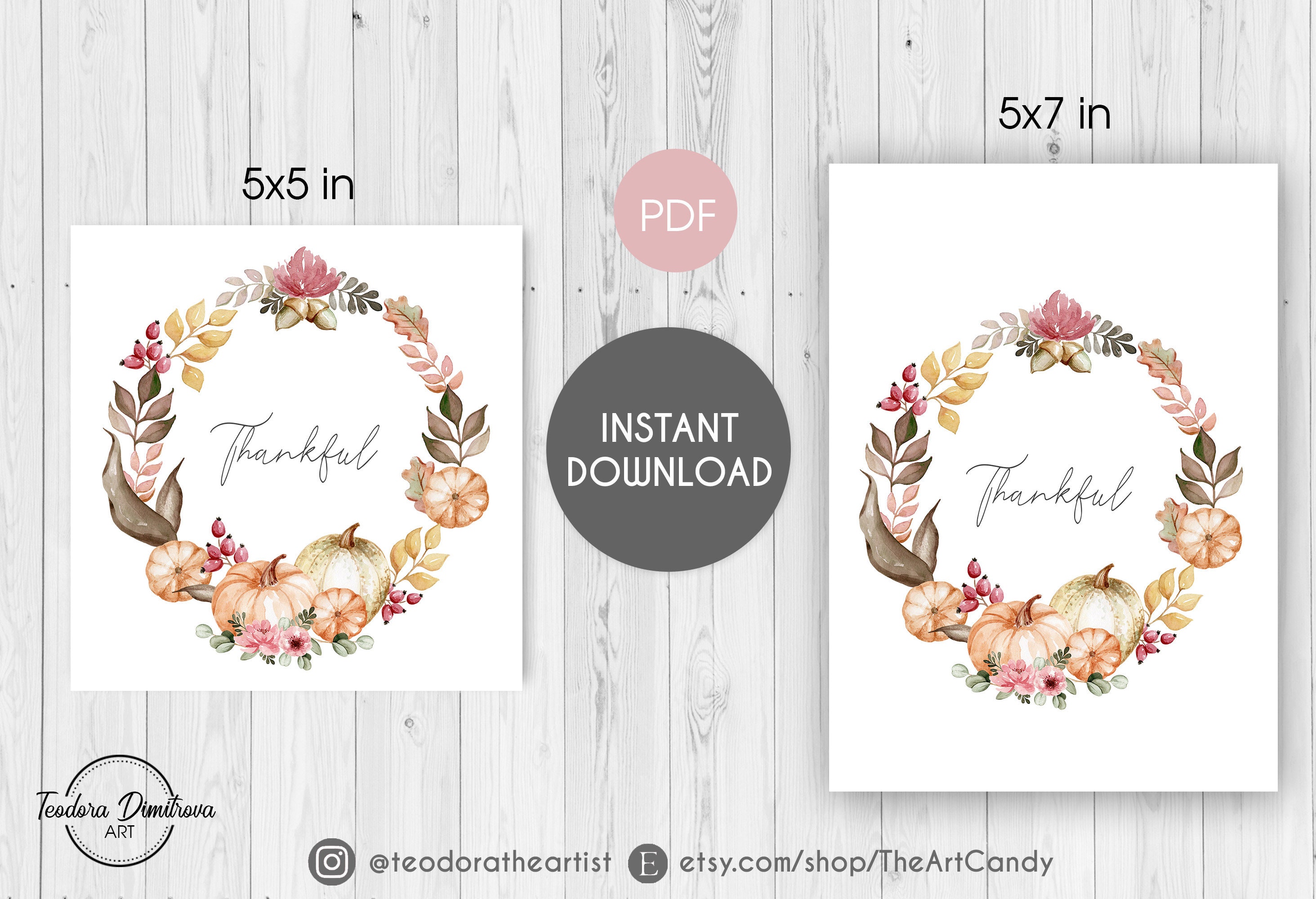 Thanksgiving Printable Cards | Autumn Wreath and Pumpkins Watercolor ...