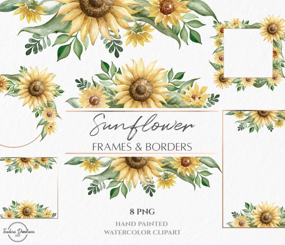 Watercolor Sunflower Wreath Frames and Borders Clipart Hand - Etsy