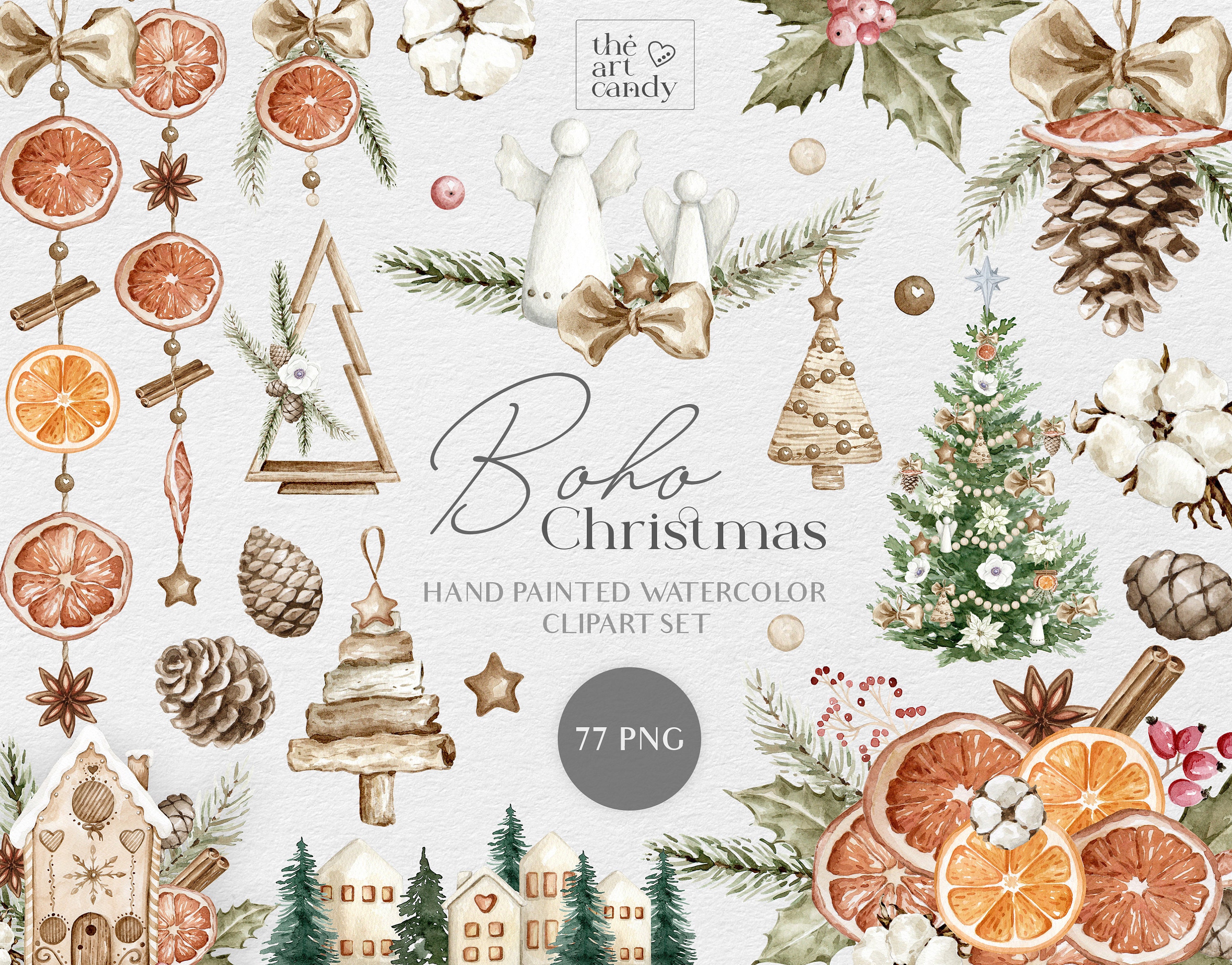 Boho Christmas PNG Watercolor Clipart Set Christmas Tree - Etsy
