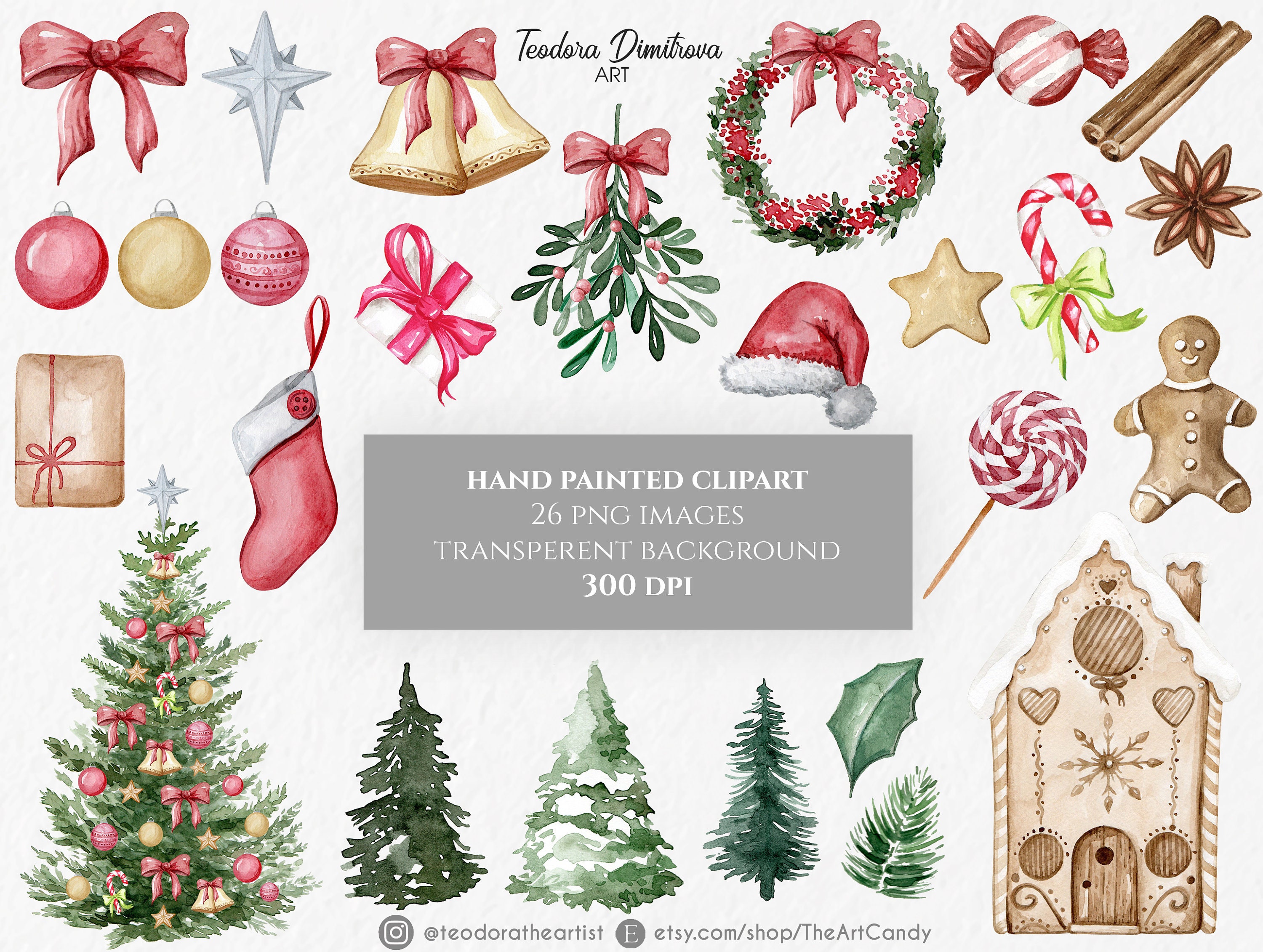 Classic Christmas PNG Watercolor Clipart Vintage Christmas - Etsy