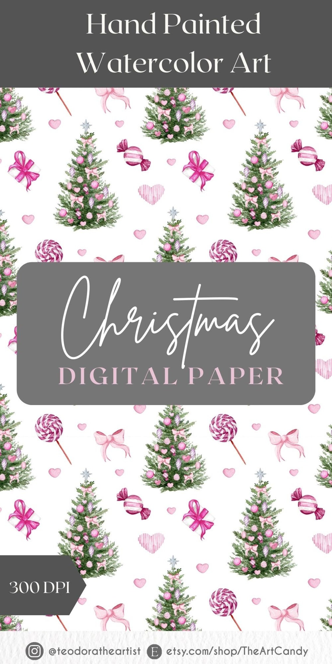Pink Christmas Tree Digital Paper Watercolor Art Girly - Etsy