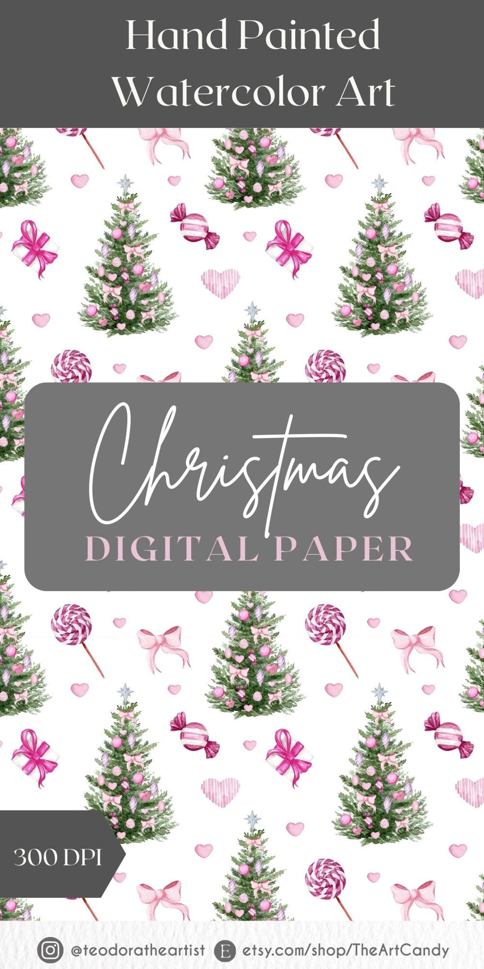 Pink Christmas Tree Digital Paper Watercolor Art Girly - Etsy