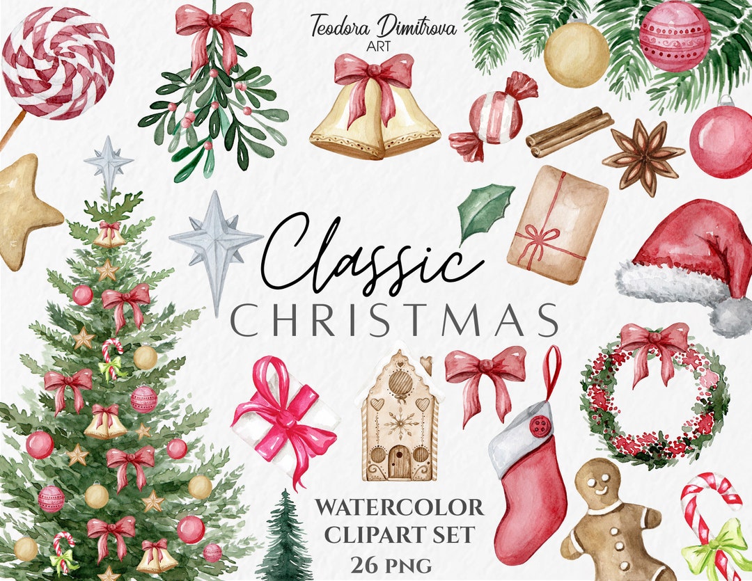 Classic Christmas PNG Watercolor Clipart | Vintage Christmas Tree ...