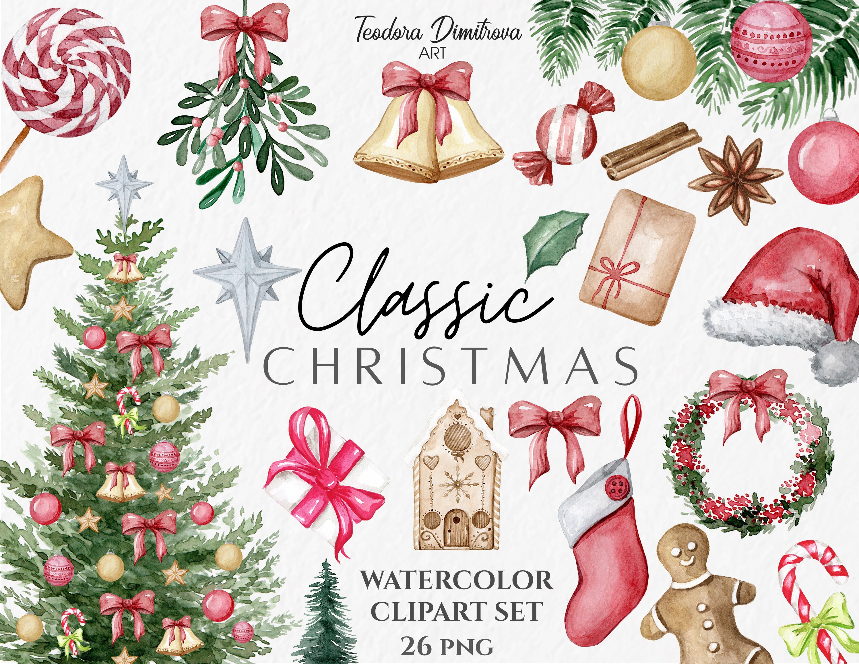 Classic Christmas PNG Watercolor Clipart Vintage Christmas - Etsy