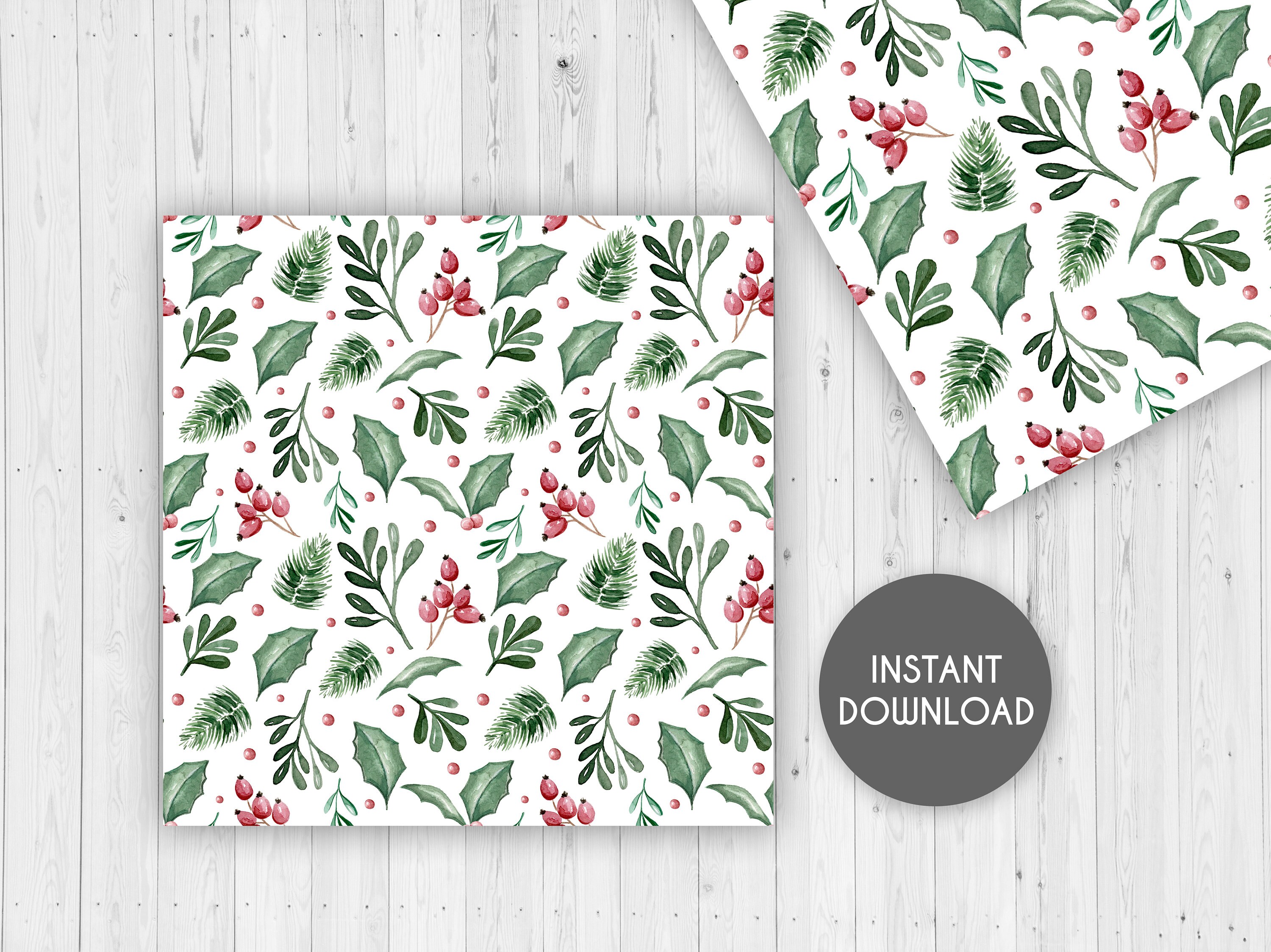 Christmas Digital Paper Watercolor Art Holly Mistletoe | Etsy