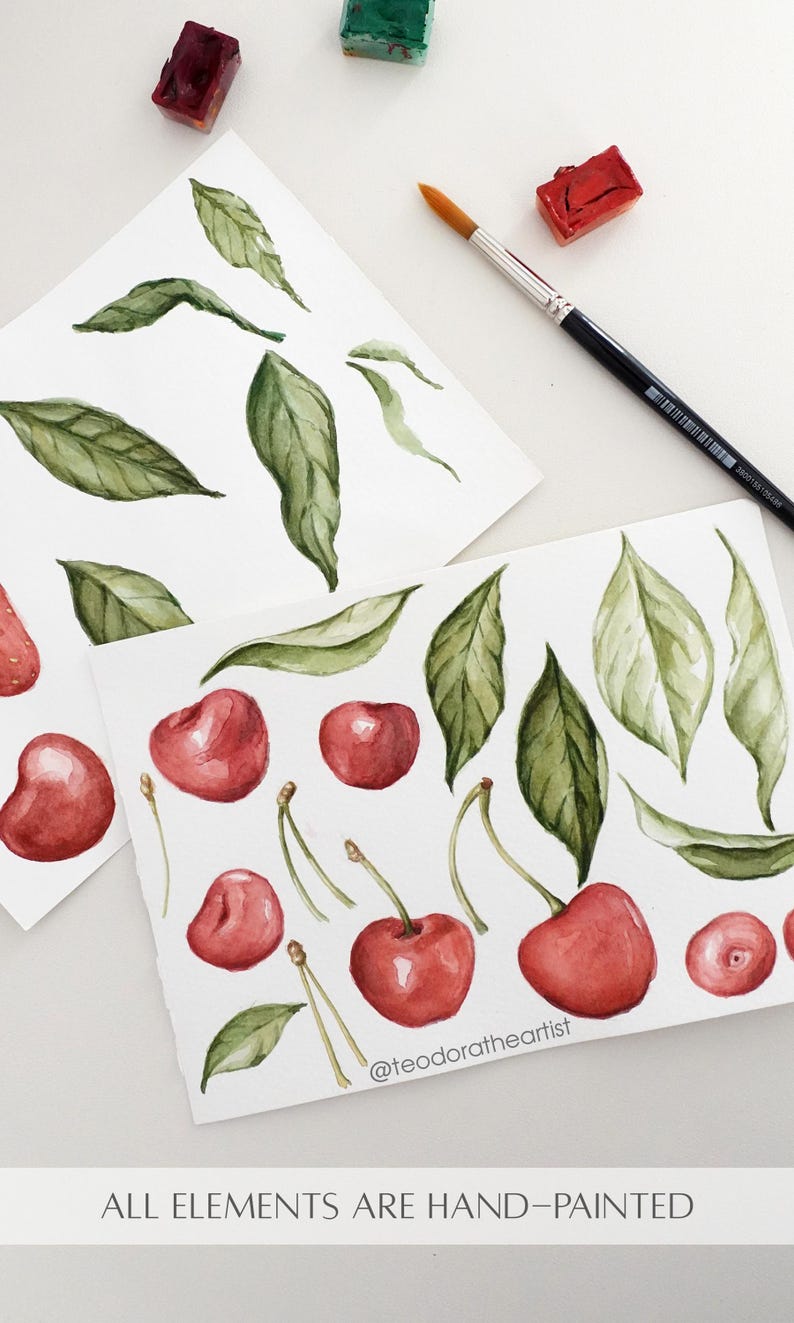 Hand Painted Cherry Watercolor Clipart Set | Hand Drawn Watercolor ...