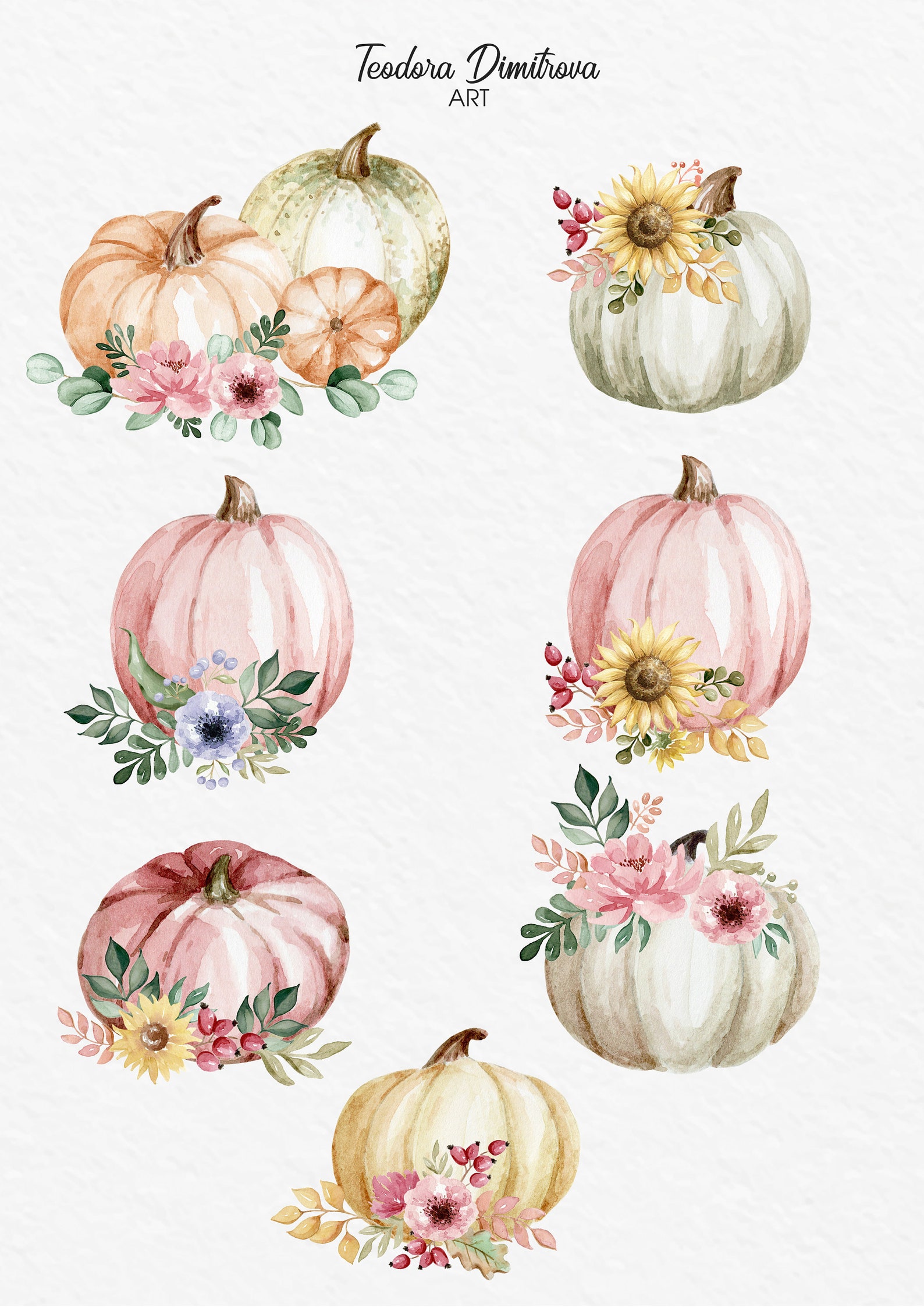 Floral Pumpkins Watercolor Clipart Fall PNG Autumn Clipart Pumpkin PNG ...