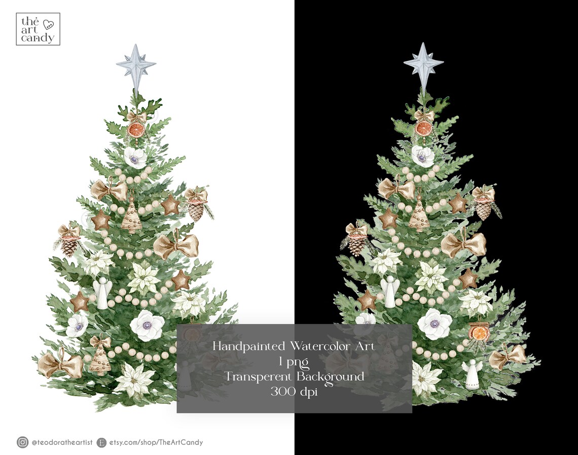 Boho Christmas Tree Watercolor Clipart PNG | Hand Painted Rustic ...