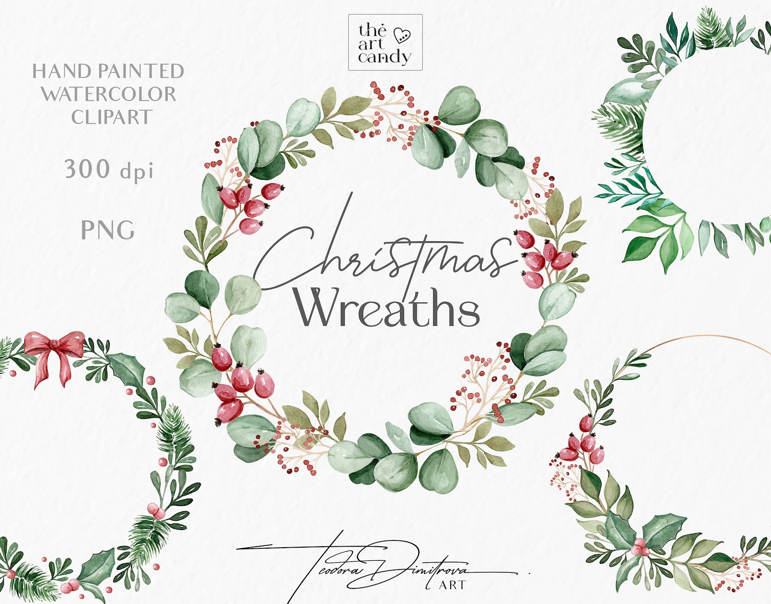 Watercolor Christmas Wreath Clipart PNG | Hand Painted Holiday Wreaths ...