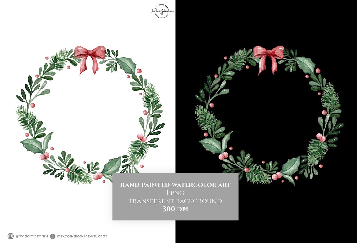 Watercolor Christmas Wreath Clipart Hand Painted Holiday Wreath PNG ...