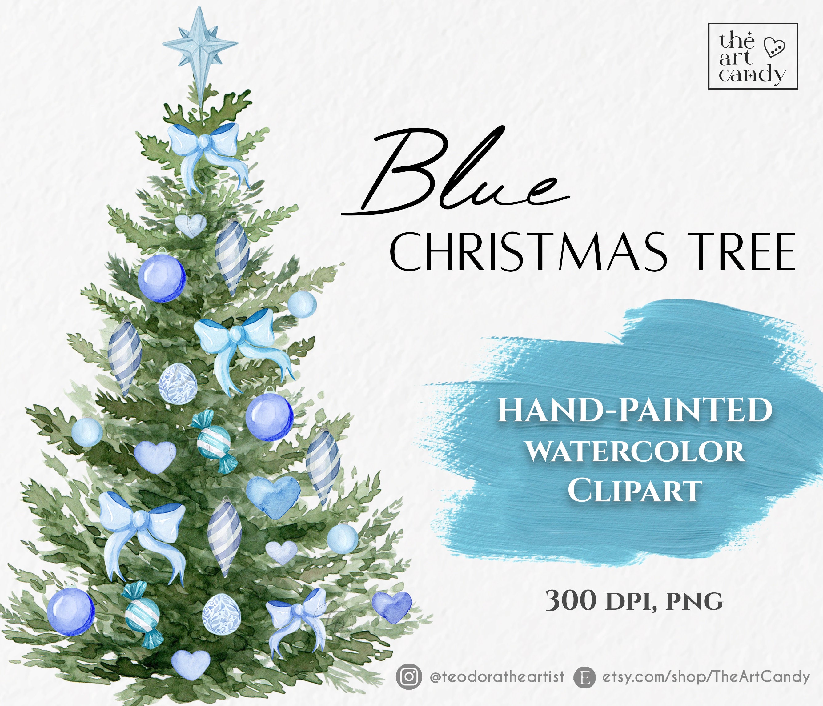 Blue Christmas Tree Watercolor Clipart PNG | Hand Painted Blue ...
