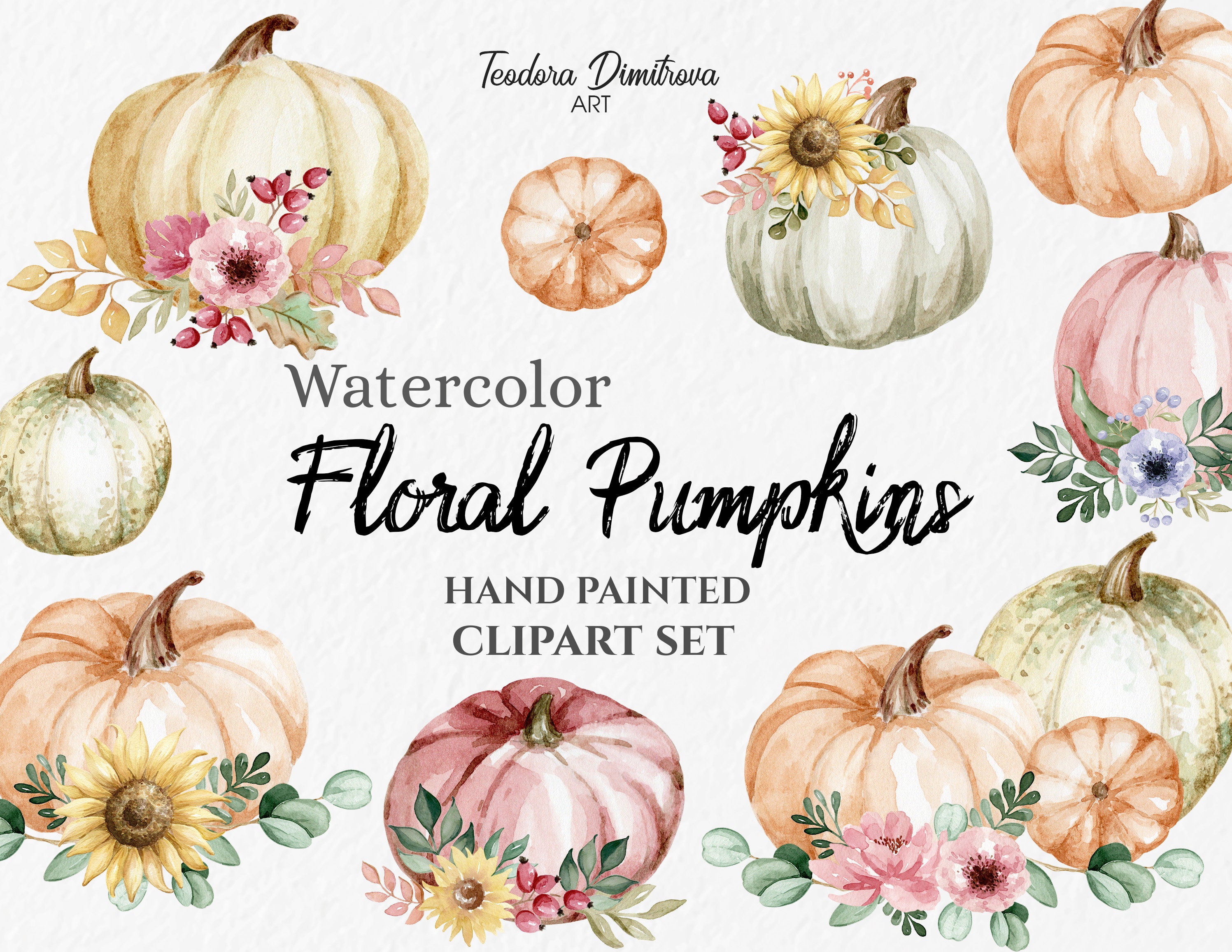 Floral Pumpkins Watercolor Clipart Fall PNG Autumn Clipart Pumpkin PNG ...