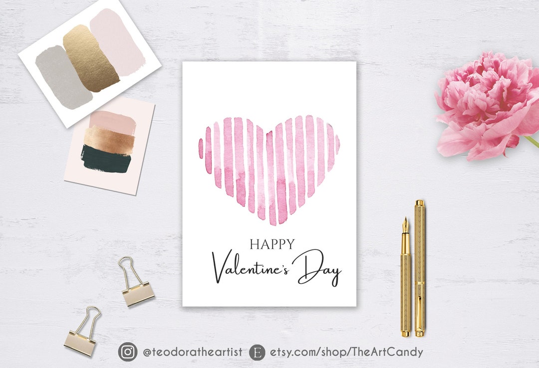 Printable Cards for Valentine's Day With Watercolor Pink - Etsy