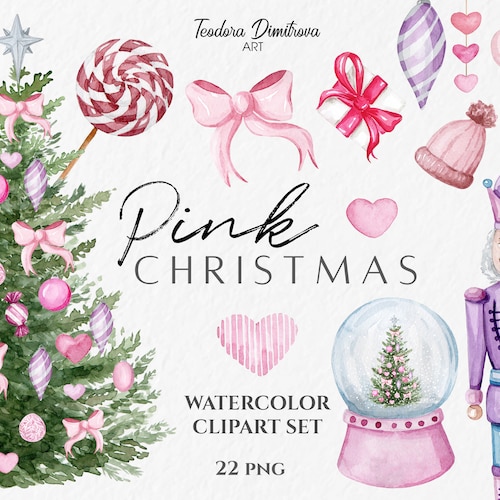 Pink Christmas PNG Watercolor Clipart Bundle Pink Christmas - Etsy