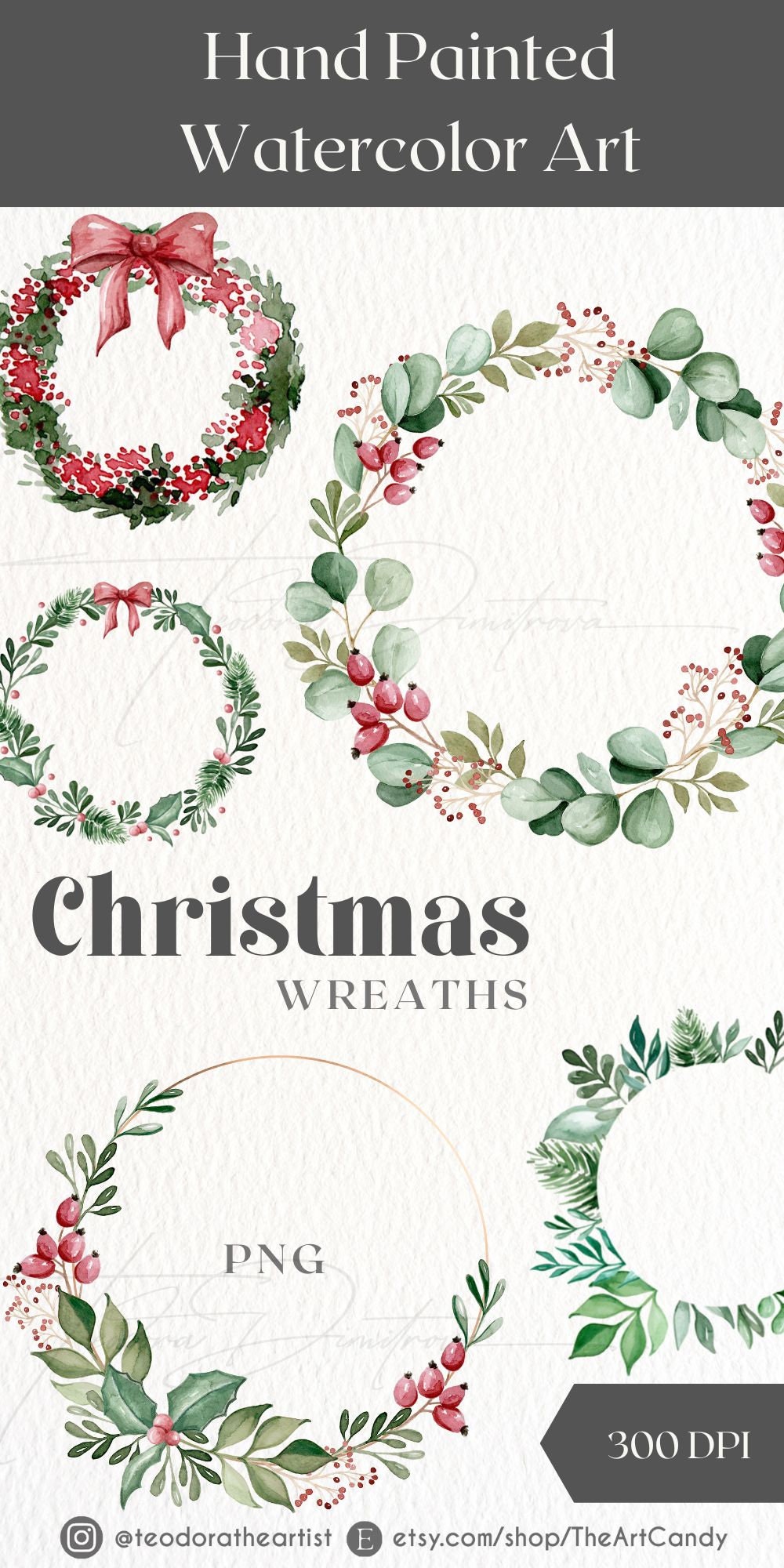 Watercolor Christmas Wreath Clipart PNG | Hand Painted Holiday Wreaths ...