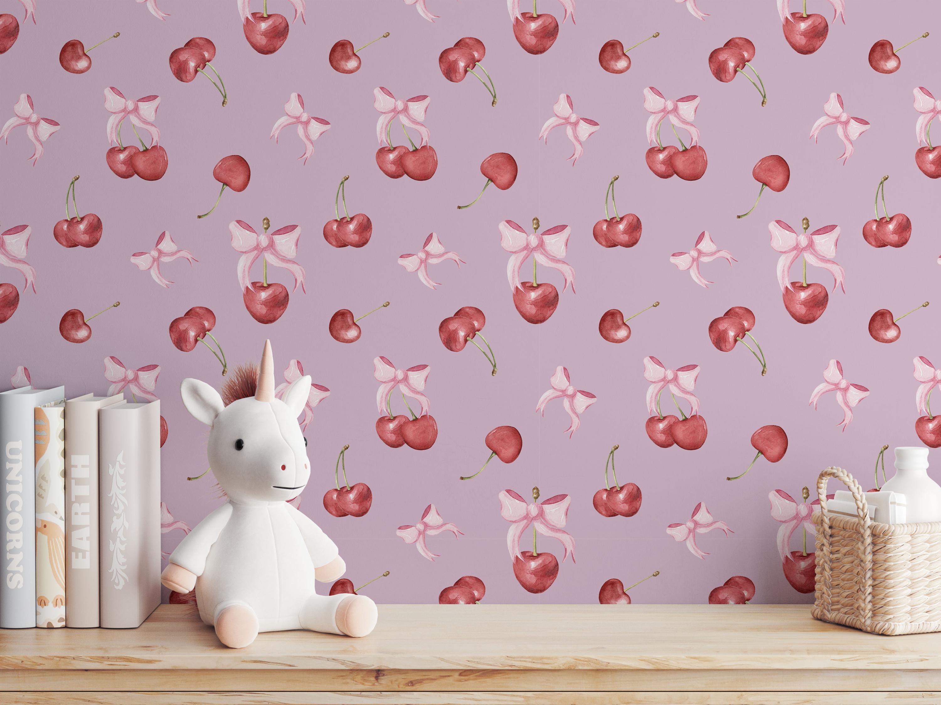 Coquette Cherry With Pink Bow Seamless Pattern Design | Hand Painted ...