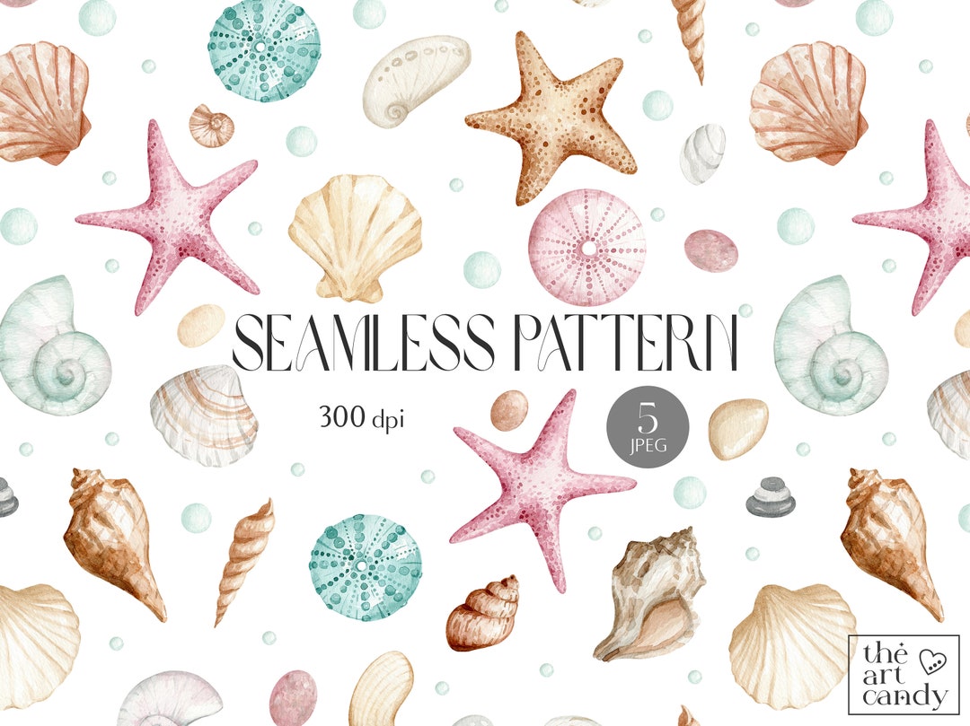 Summer Seamless Pattern Seashells Watercolor Art | Beach Ocean Digital ...