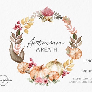 Fall Wreath Watercolor Clipart | Autumn Pumpkin and Floral Wreath PNG ...