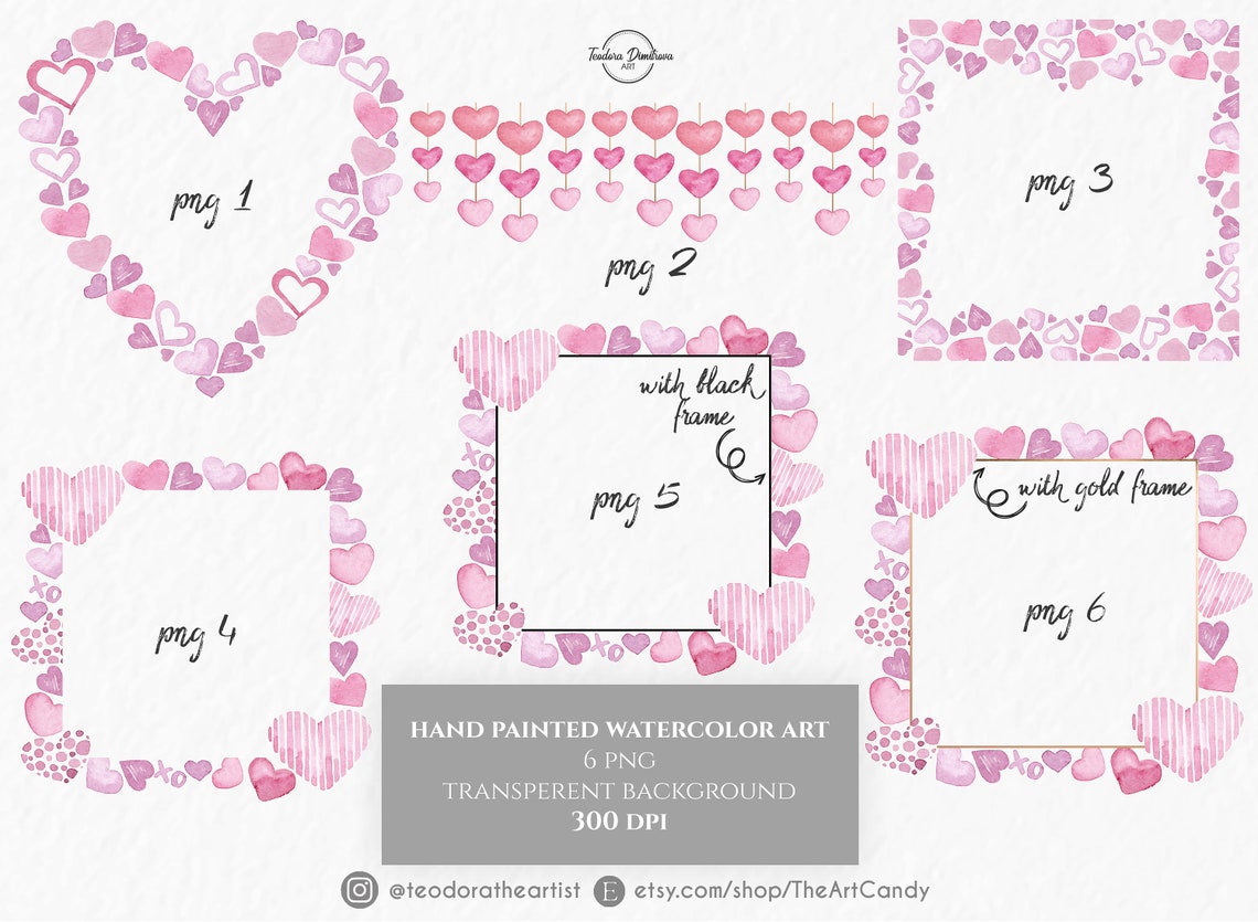 Watercolor Heart Wreath Frames and Borders Clipart Hand - Etsy